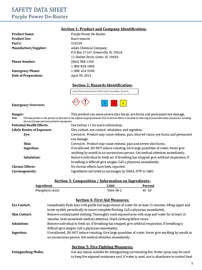 Purple Power De-Ruster SDS | PDF | Personal Protective Equipment | Firefighting