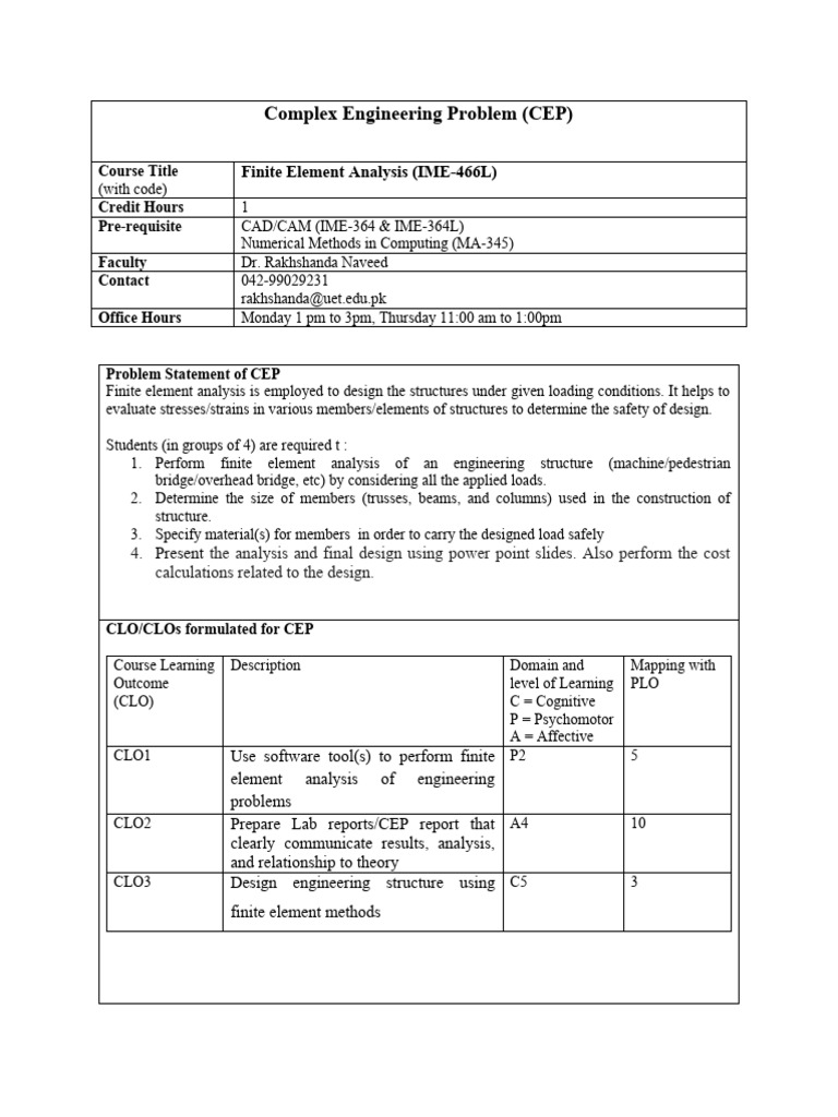 Proforma For CEP (FEA) | PDF | Finite Element Method | Engineering