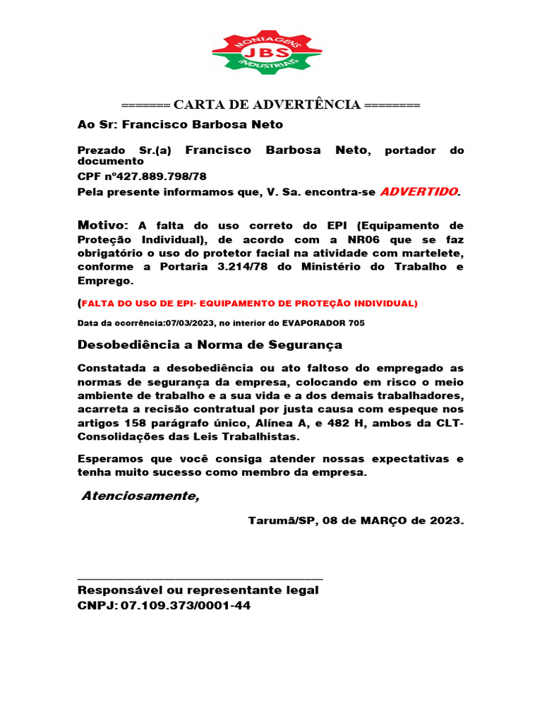 Carta de Advertência - Epi | PDF