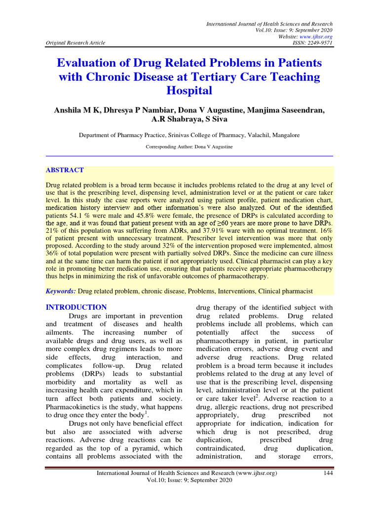 Evaluation Of Drug Related Problems In Patients With Chronic Disease At Tertiary Care Teaching