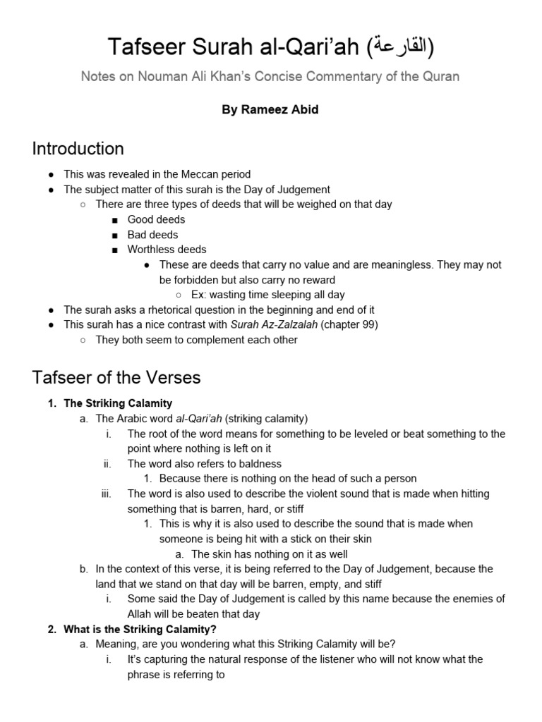Tafseer Surah Al Qari'Ah | PDF | Religion & Spirituality