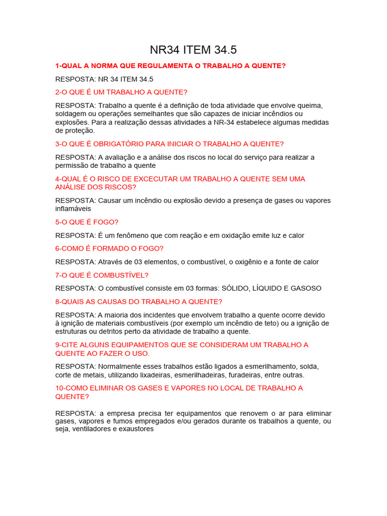 AVALIAÇÃO NR34 ITEM 34 - Perguntas Com As Respostas | PDF