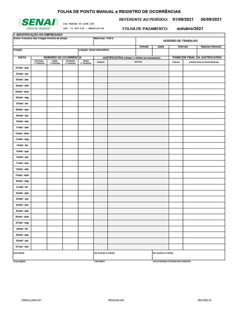 Folha de Ponto Manual Senai Junho 2021 - Modelo | PDF