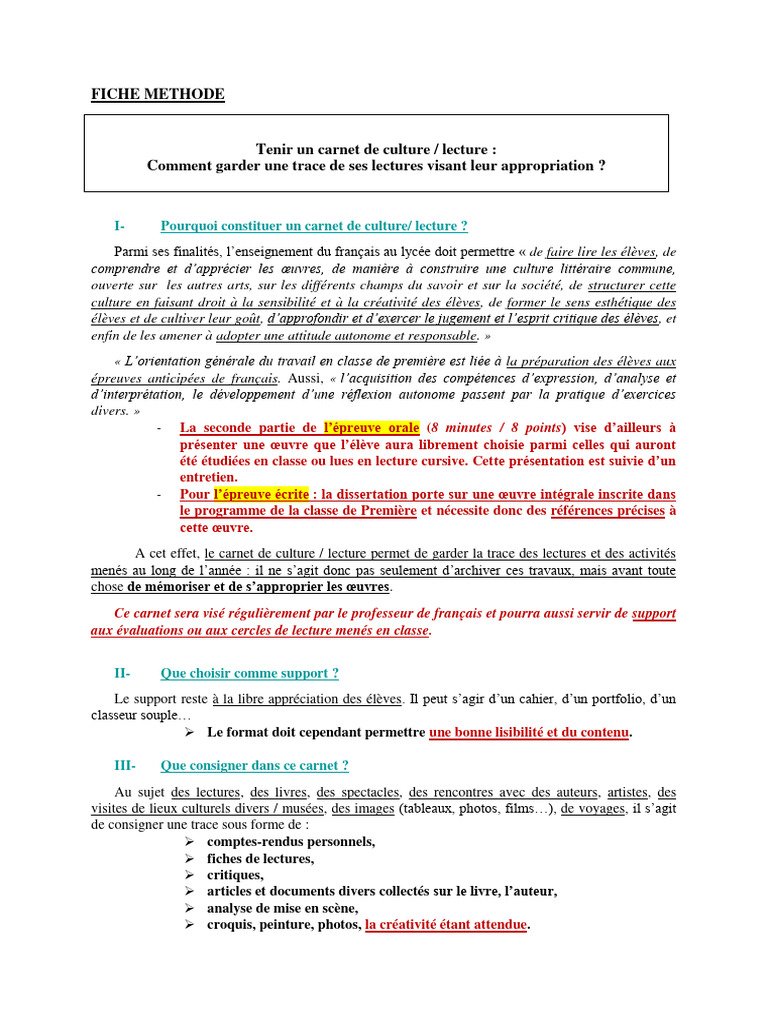 Fiche Méthode Tenir Un Carnet de Lecture Lycée | PDF