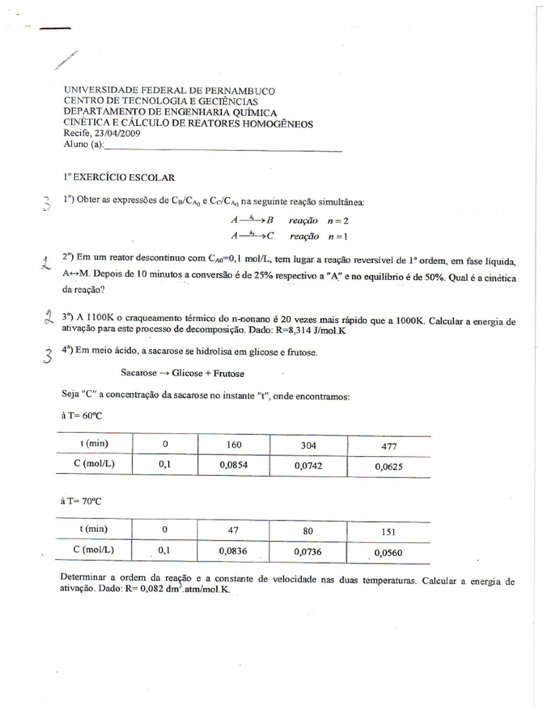 Cálculo de Reatores Homogeneos - Ufpe - Provas Passadas | PDF