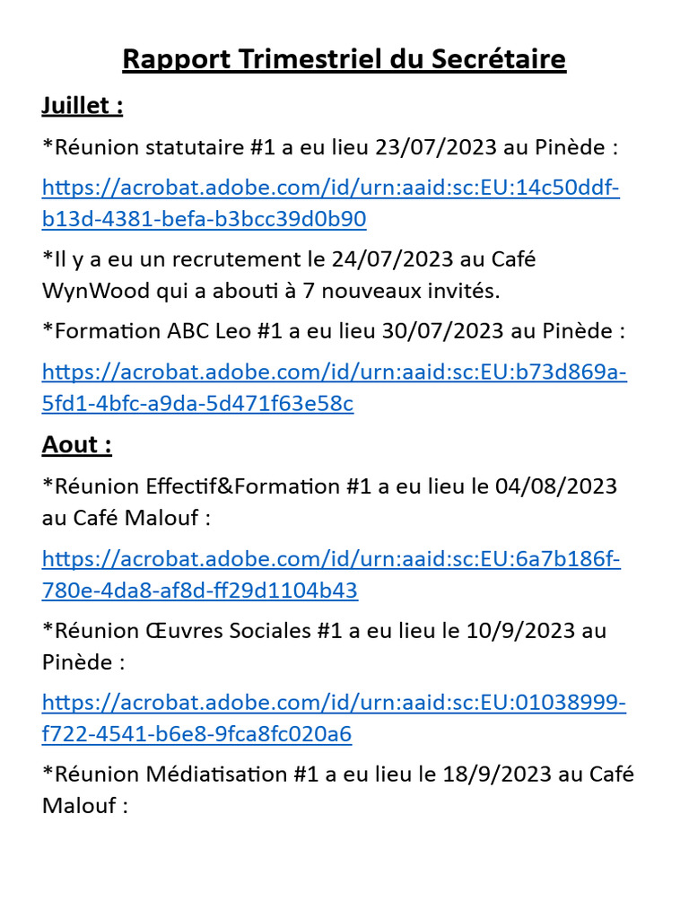 Rapport Trimestriel Du Secrétaire | PDF