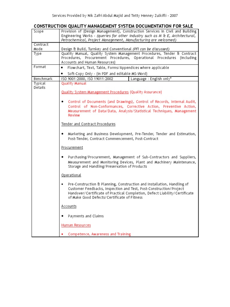 Construction Quality Management System Documentation (Civil & Building ...