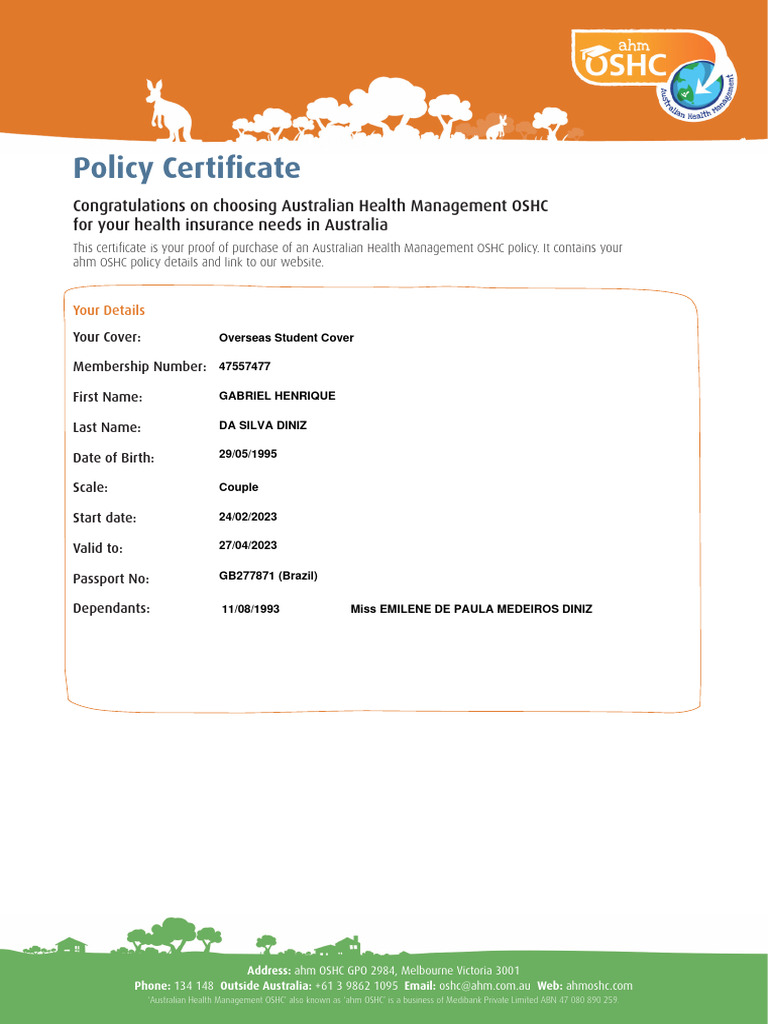 Certificate Oshc Ahm Couple Until 27 Apr 2023 | PDF