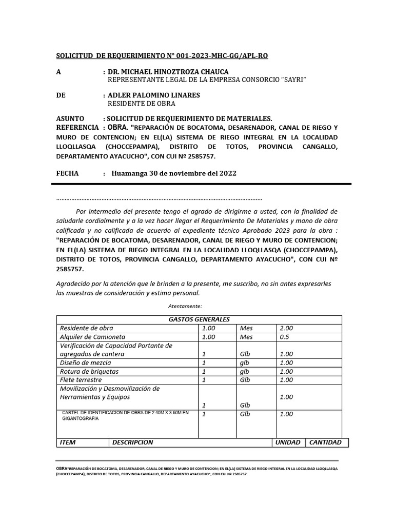 Solicitud de Requerimiento 001 Totos. | PDF