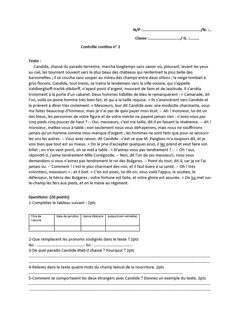 Contrôle Continu n.1 (Candide) | PDF | Candide
