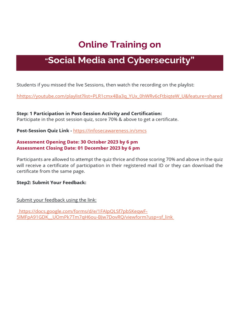 Feedback & Quiz Link of Cyber Security Session | PDF