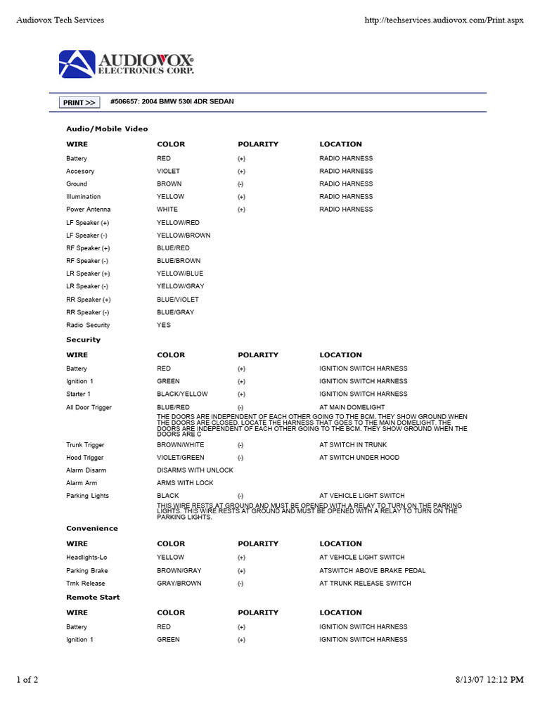 BMW530 Wire Color Coding Description | PDF | Switch | Manufactured Goods