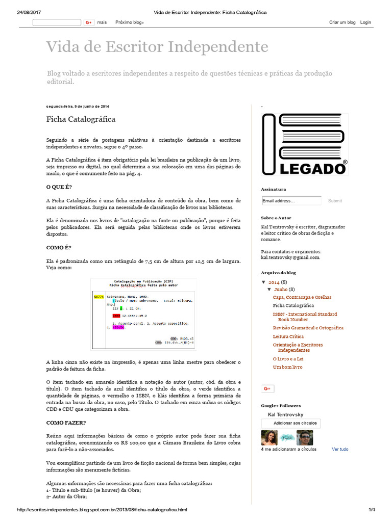 Vida de Escritor Independente - Ficha Catalográfica | PDF | Livros | Bibliotecário