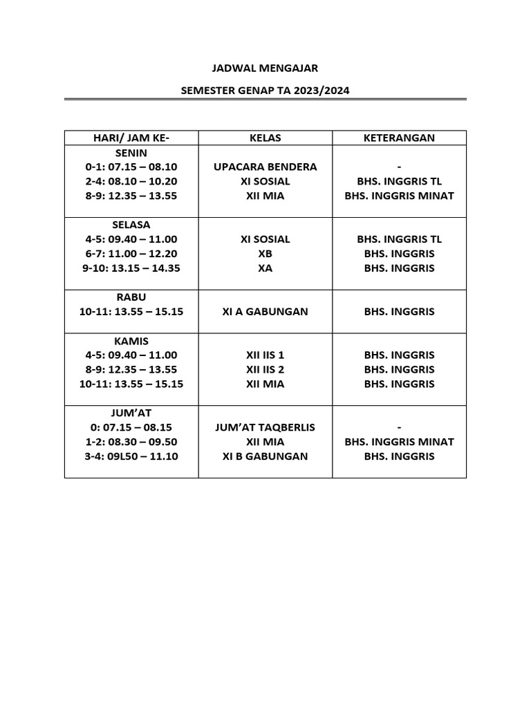 Jadwal Mengajar Genap 2023-2024 | PDF