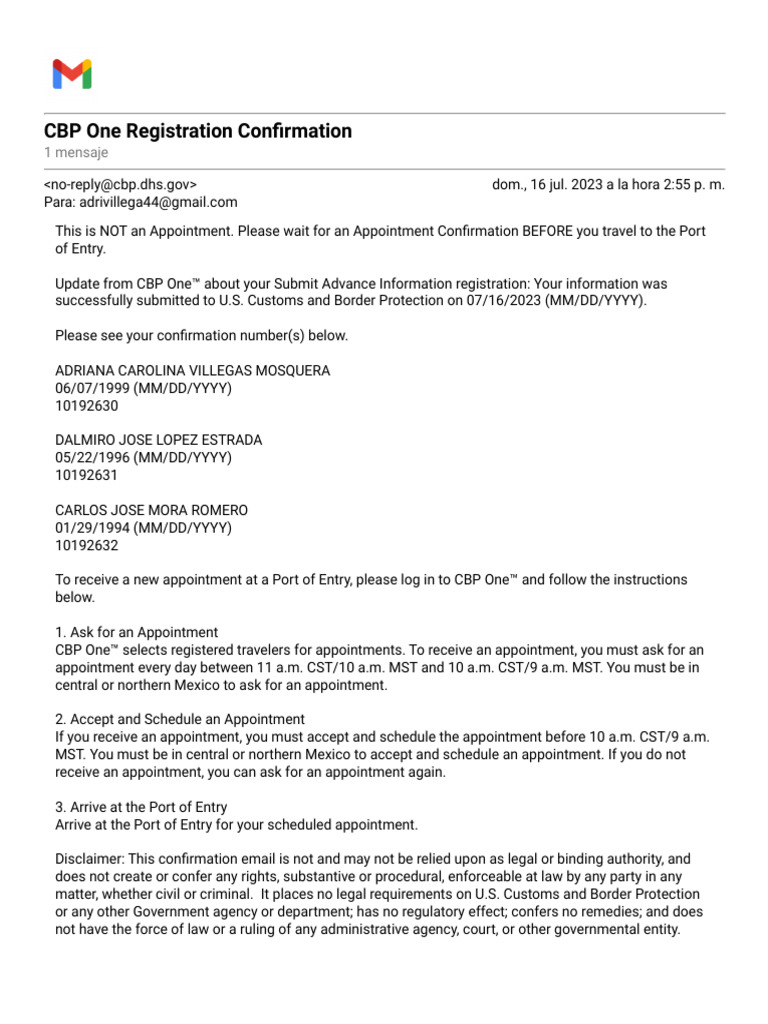 Gmail - CBP One Registration Confirmation | PDF