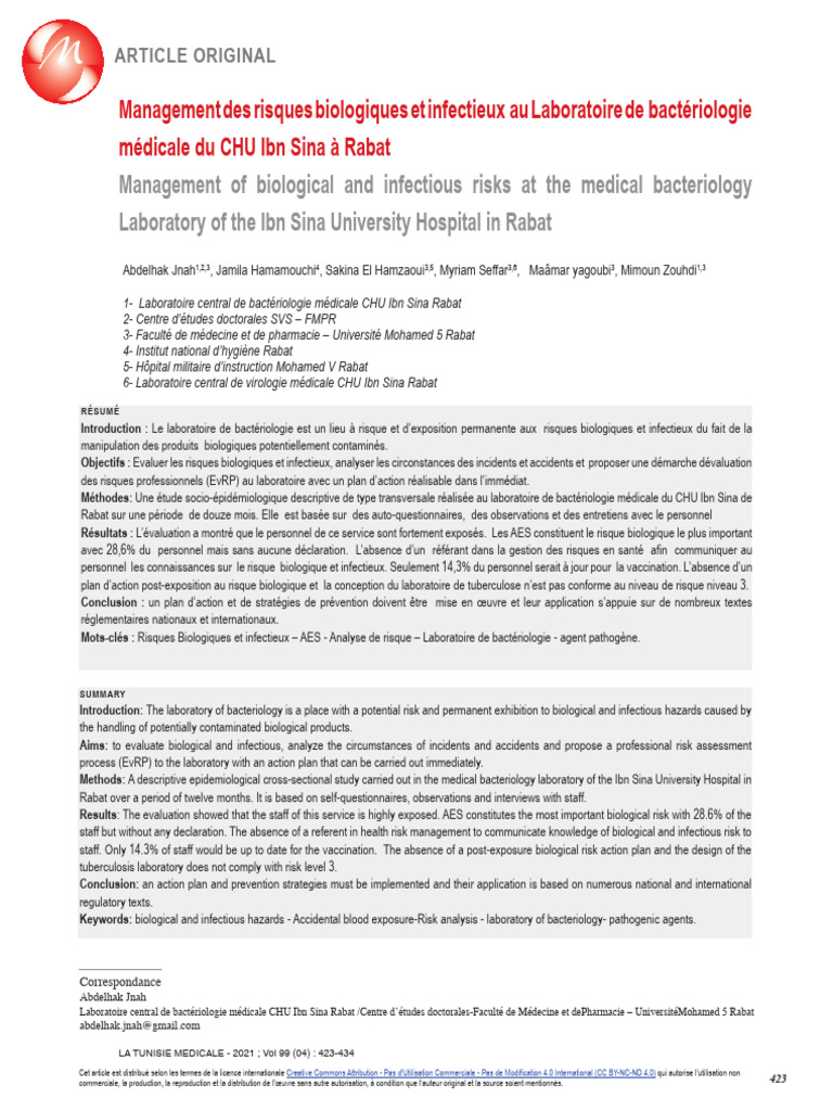 Management Des Risques Biologiques Et Infectieux Au Laboratoire de Bactériologie Tunismedv99i4 ...