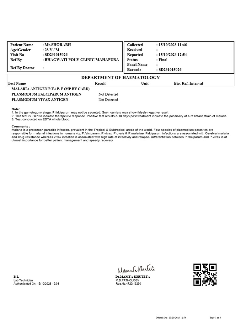 Department of Haematology: Malaria Antigen P.V./ P. F (MP by Card ...
