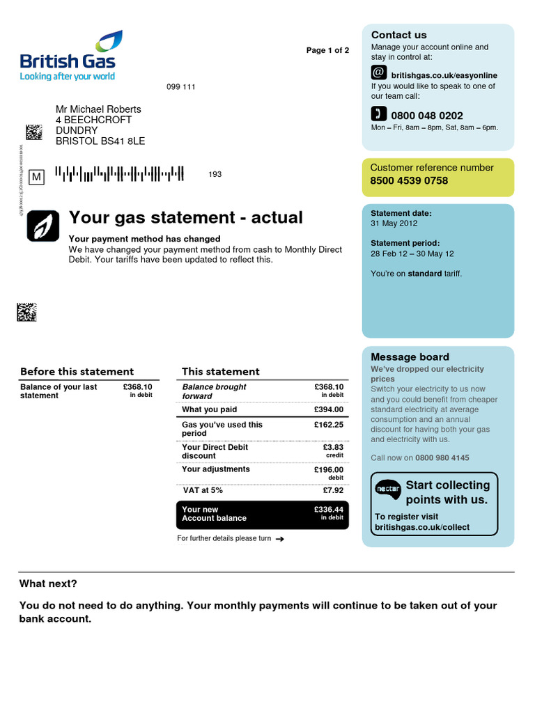 British Gas Monthly Gas Statement | PDF | Debits And Credits ...