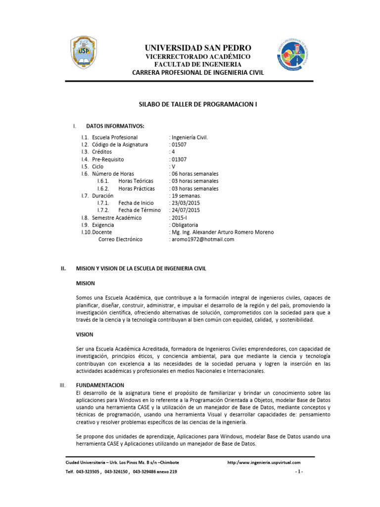 Silabo de Taller de Programacion I | PDF | Ingeniería | Bases de datos