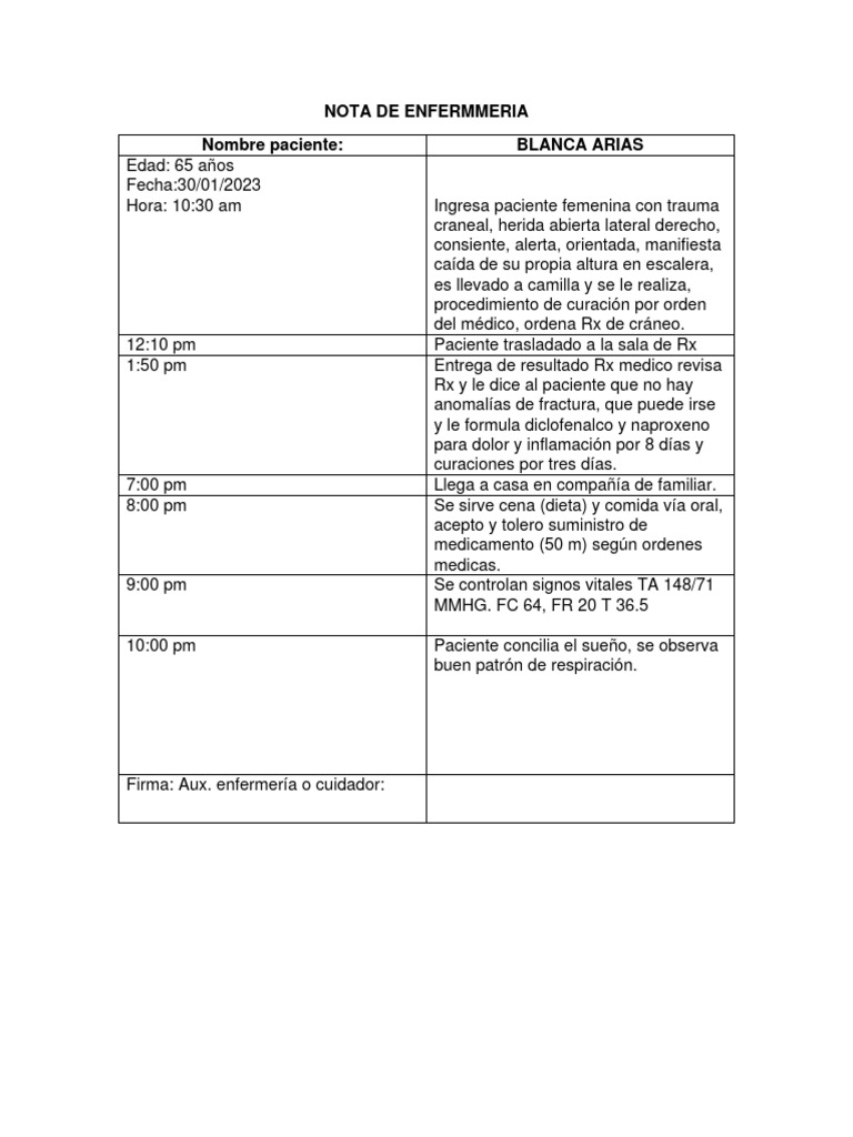 Ejemplo Nota de Enfermeria | PDF | Enfermedades y trastornos humanos | Ciencias de la Salud