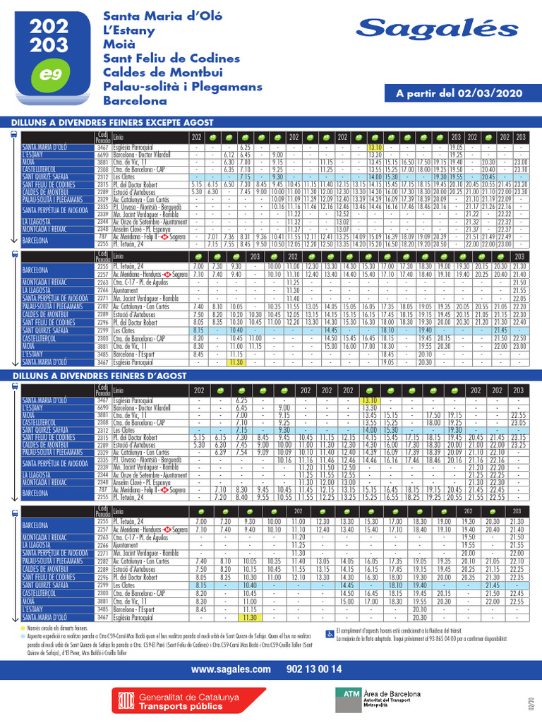 Horaris Sagales e9 Carretera | PDF
