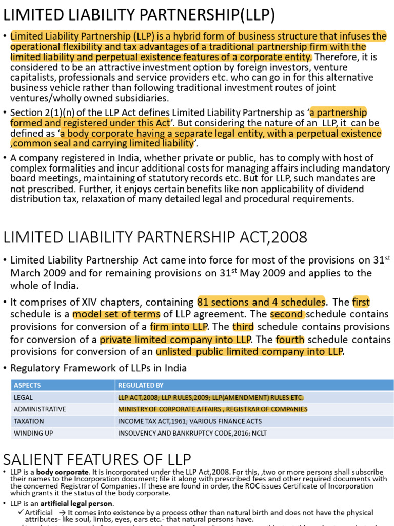 Salient Features of Limited Liability Partnership | PDF | Limited ...