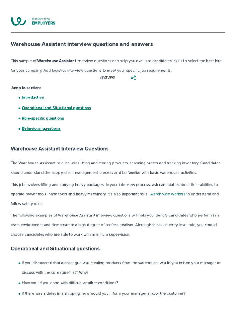 11+ Proven Warehouse Assistant Interview Questions (+answers) | PDF ...