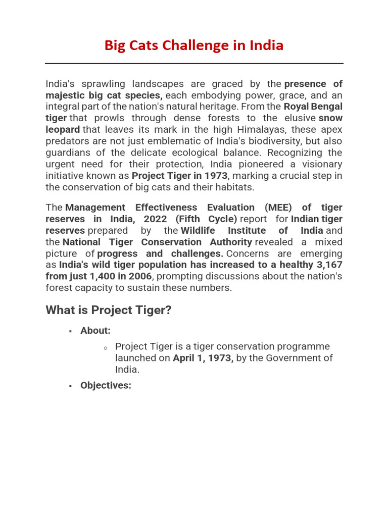 Big Cats Challenge in India | PDF | Tiger | Conservation Biology
