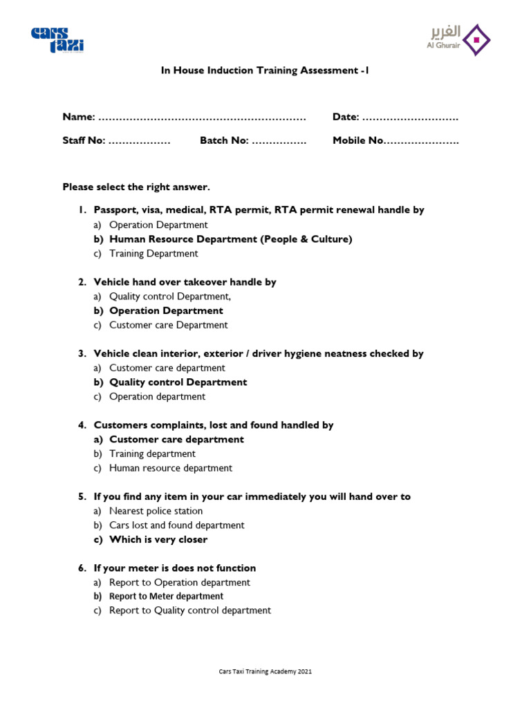 Cars Taxi - Induction Assessment Paper - Edited | PDF | United Arab ...