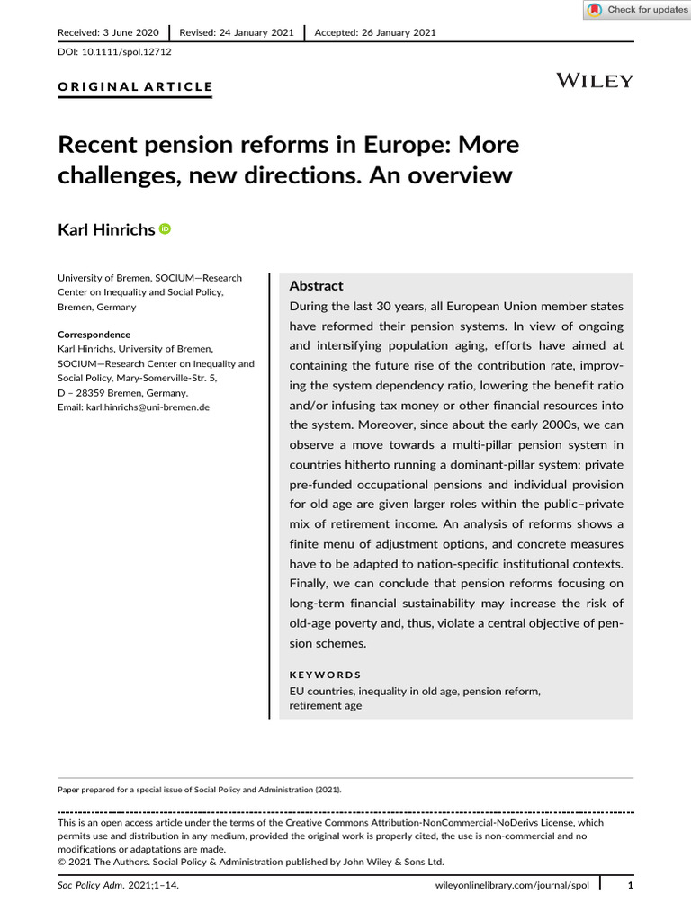 Recent Pension Reforms in Europe - Karl Hinrichs | PDF