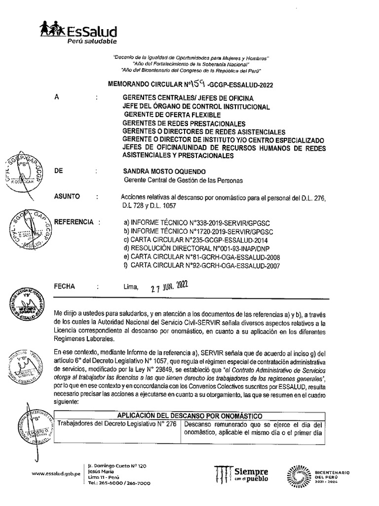 MEMORANDO CIRCULAR #159-GCGP-ESSALUD-2022-onomastico SIN EFECTO | PDF