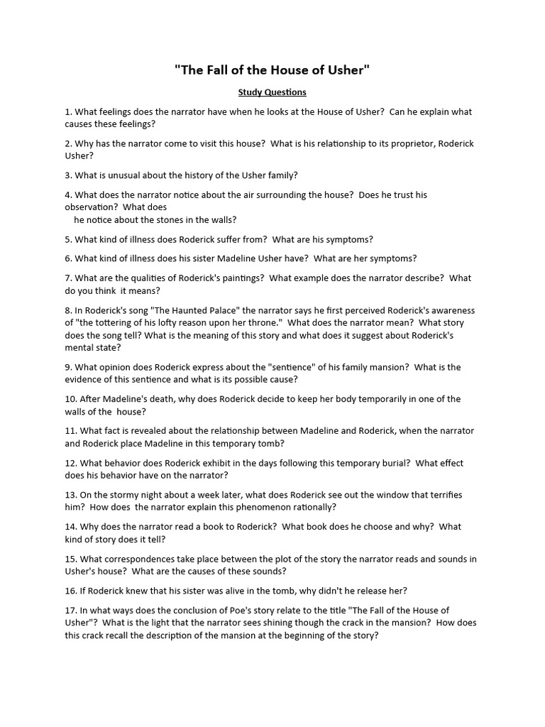 The Fall of The House of Usher Study Qs | PDF | Psychological Concepts ...