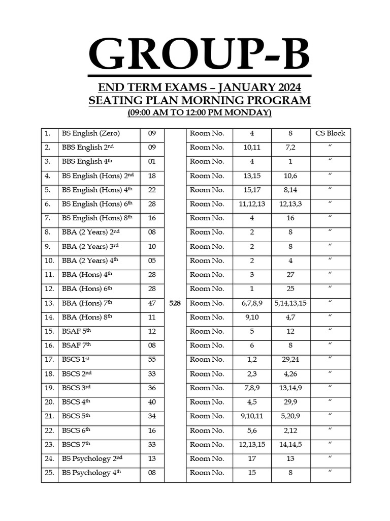 02 Class Wise Seatting Plan Group B Fall 23 | PDF
