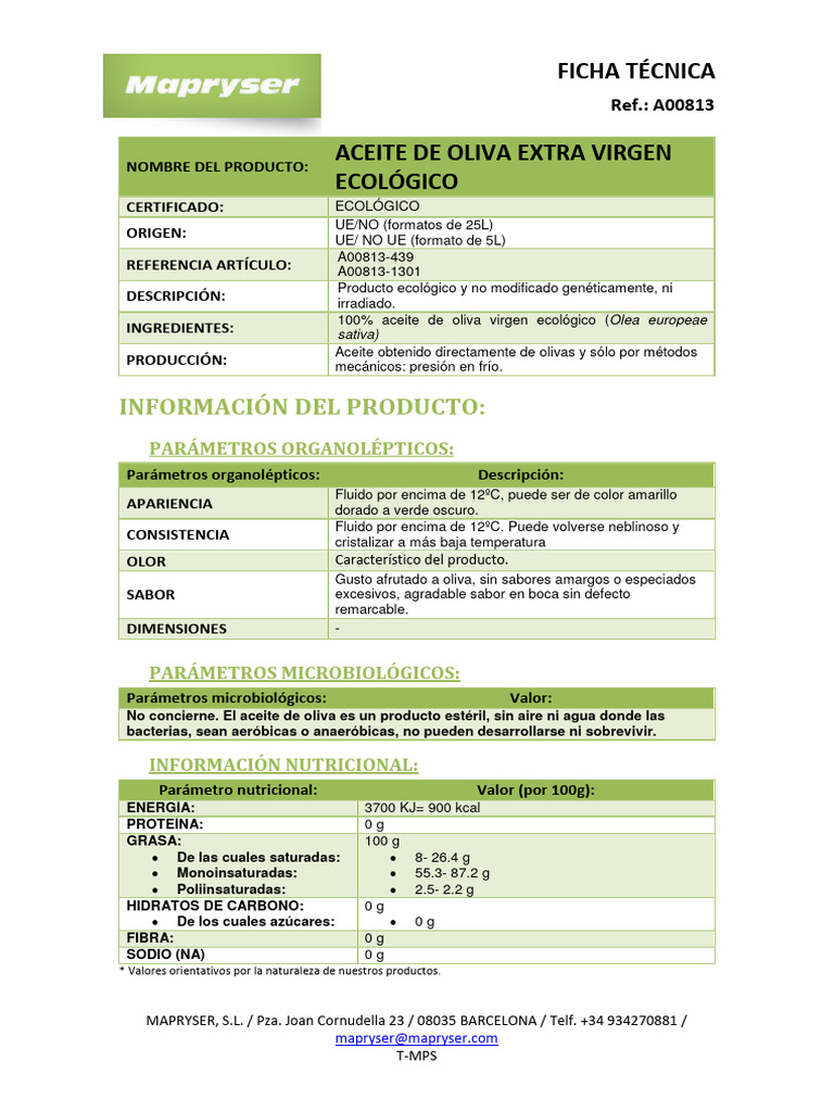 Ficha Técnica - Aceite de Oliva | PDF | Aceite de oliva | Cereales