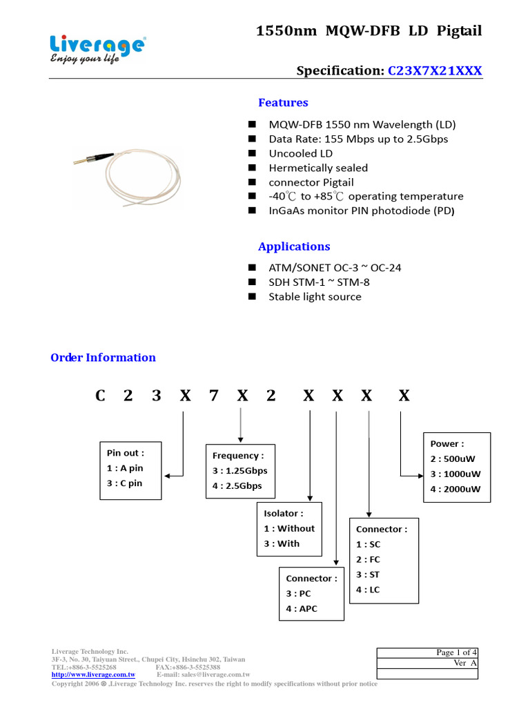 1550nm DFB Pigtail TOSA Datasheet | PDF | Optical Fiber ...