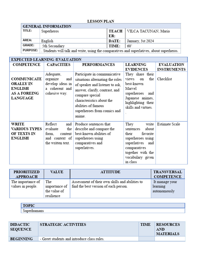 Lesson Plan Superheros (Comparative and Superlatives) | PDF | English ...