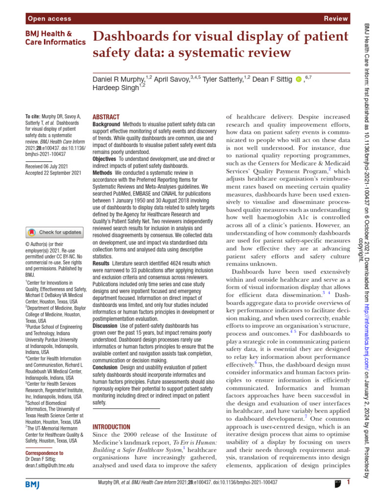 dashboards for visual display of patient safety data a systemativ ...