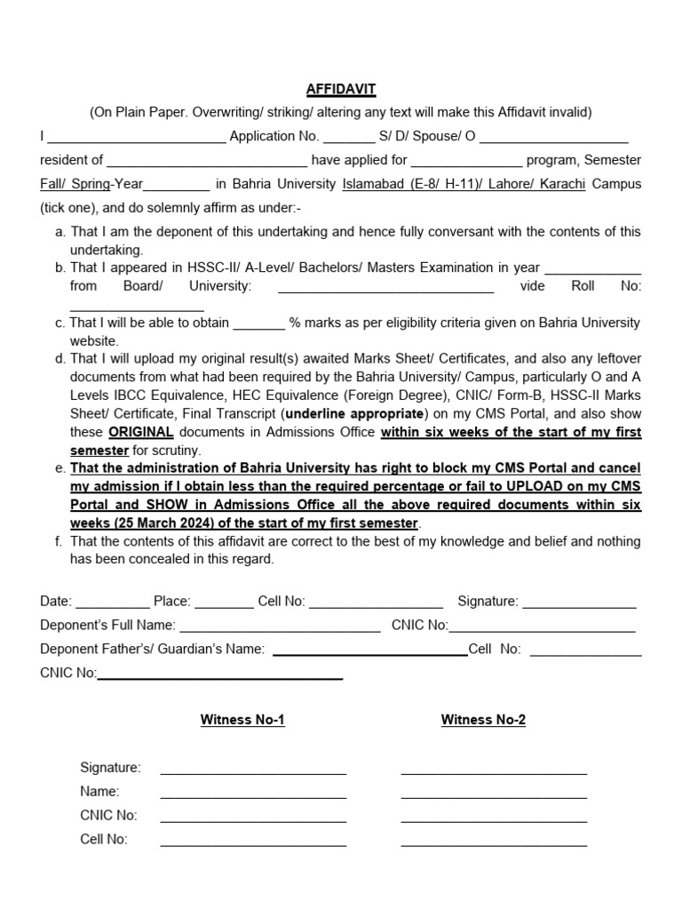 Bahria University Admission Affidavit | PDF | Career & Growth