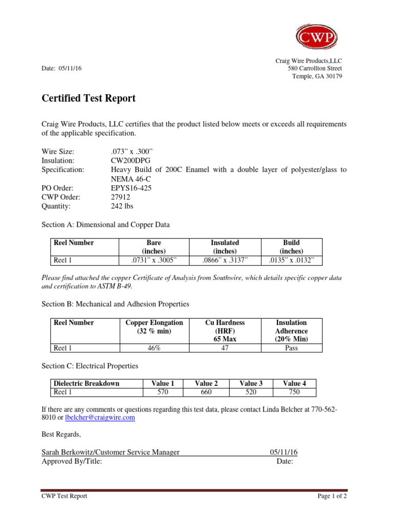 Certified Test Report: Craig Wire Products, LLC Date: 05/11/16 580 ...