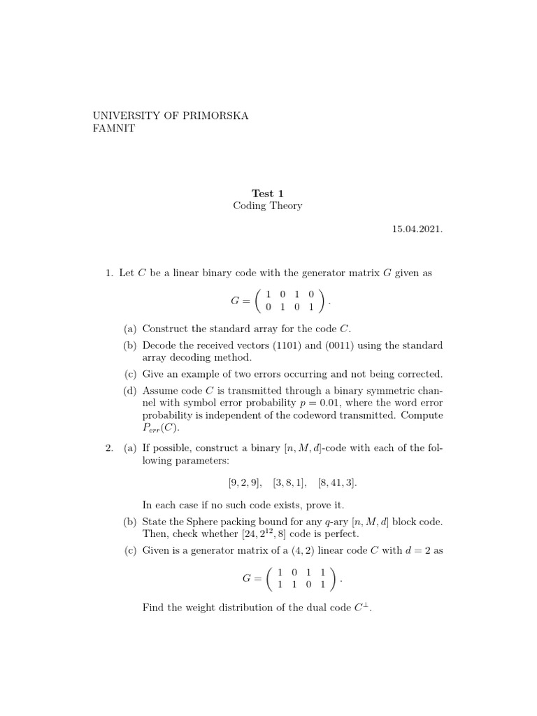 Coding Theory - Test 1 | PDF | Notation | Theoretical Computer Science