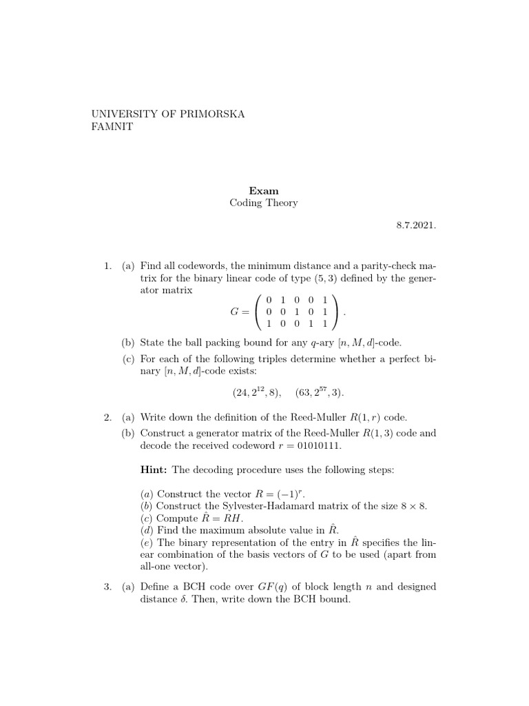 Coding Theory - Exam | PDF | Abstract Algebra | Algebra