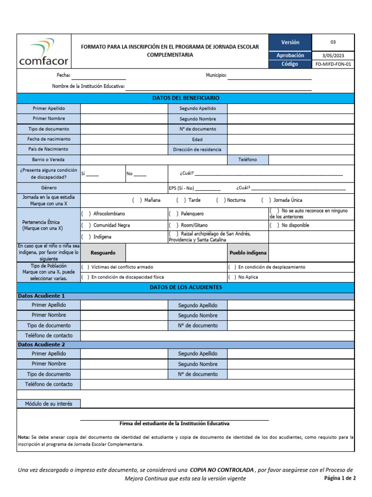 FO-MIFD-FON-01 Formato para La Inscripción en El Programa de JEC - V3 | PDF