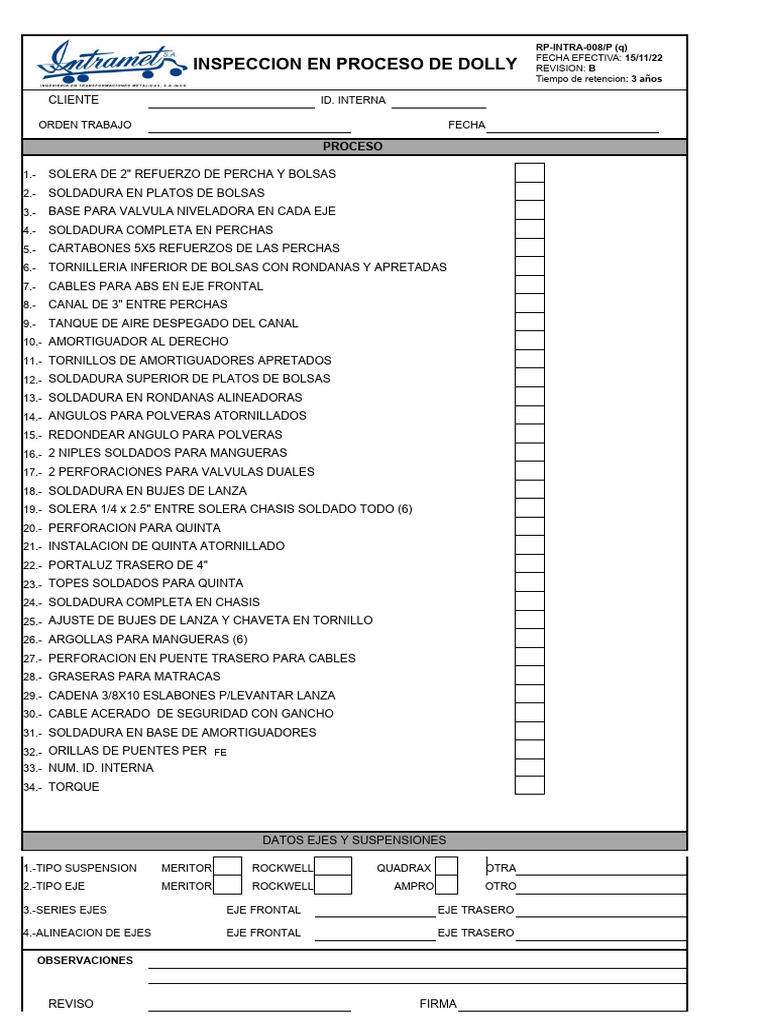 INSPECCION DE DOLLY | PDF | Vehículo de motor | Bienes manufacturados