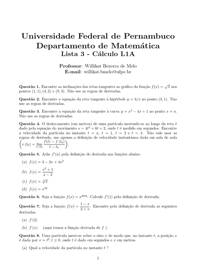 Lista 3 Cálculo L1A 2023 2 | PDF