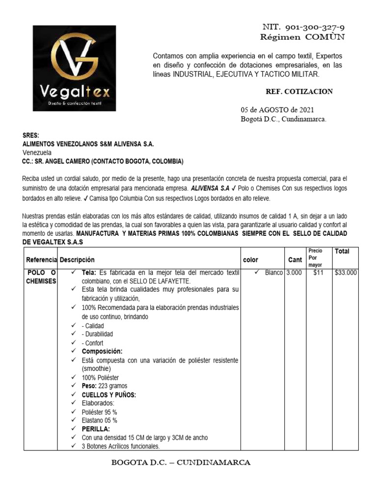 COTIZACION DE VENEZUELA | PDF | Ropa | Softlines (venta minorista)