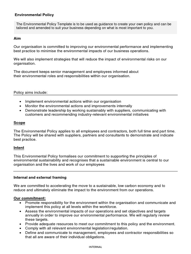 Environmental Policy Template | PDF | Environmental Policy | Employment