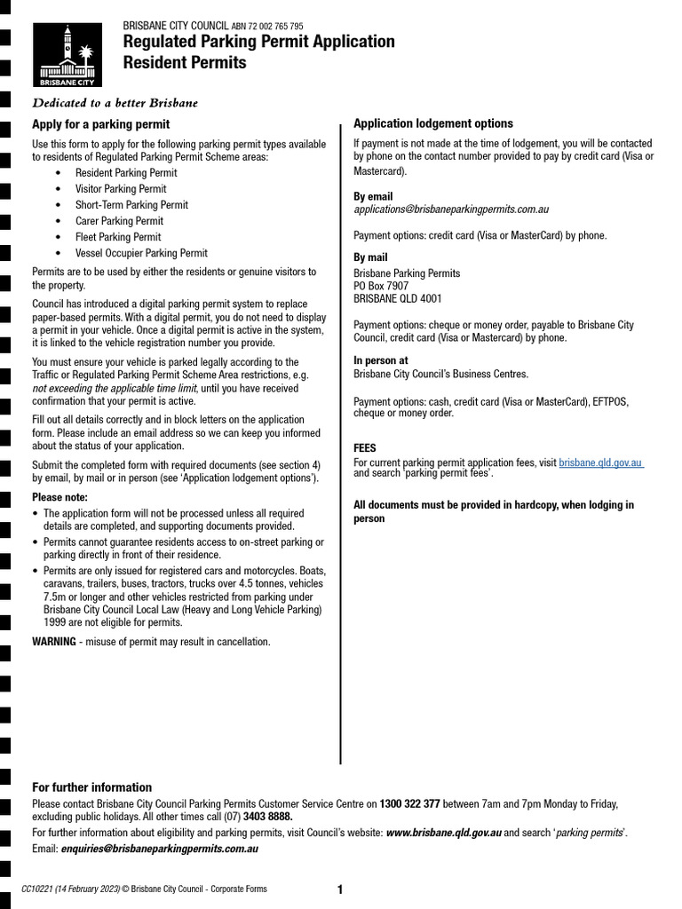 Brisbane City Parking Permit Application | PDF | Lease | Leasehold Estate