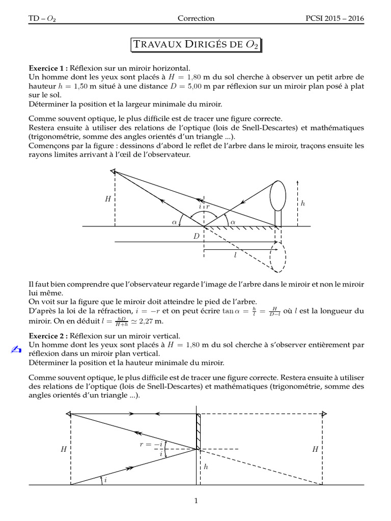 Exercices sur la réflexion des miroirs | PDF | Miroir | Réfraction