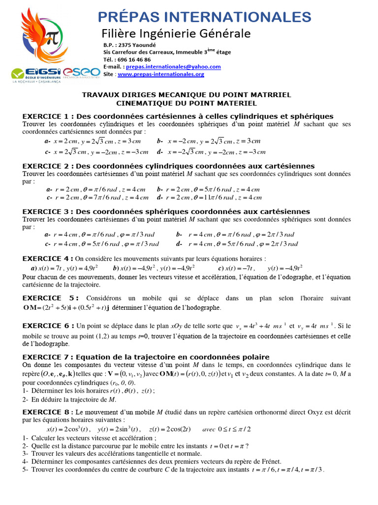 TD Cinematique Du Point Prepas Internationales 2020 2021 Fin | PDF