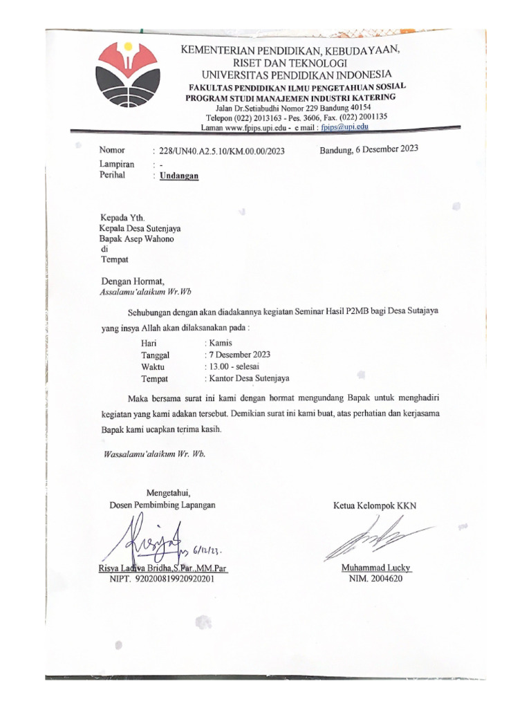 Surat Undangan Seminar Hasil KKN | PDF